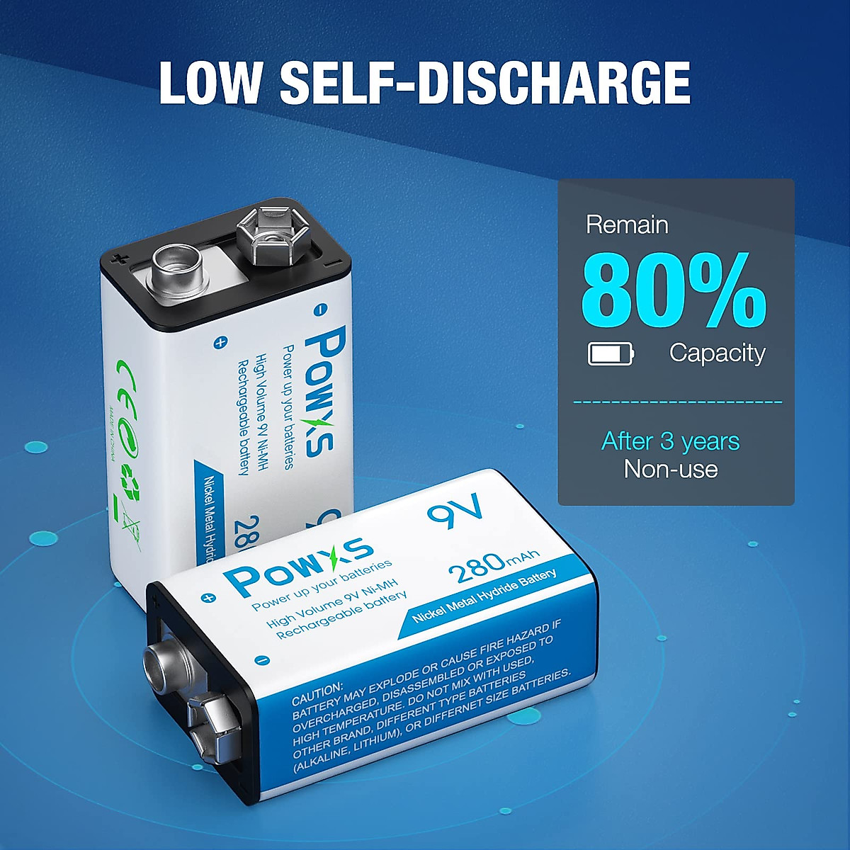 POWXS 9V Rechargeable Battereis Charger and 5 Pack 280mAh 9 Volt Ni-MH Rechargeable Batteries for Smoke Alarms, Guitar, Cameras, Toys & More