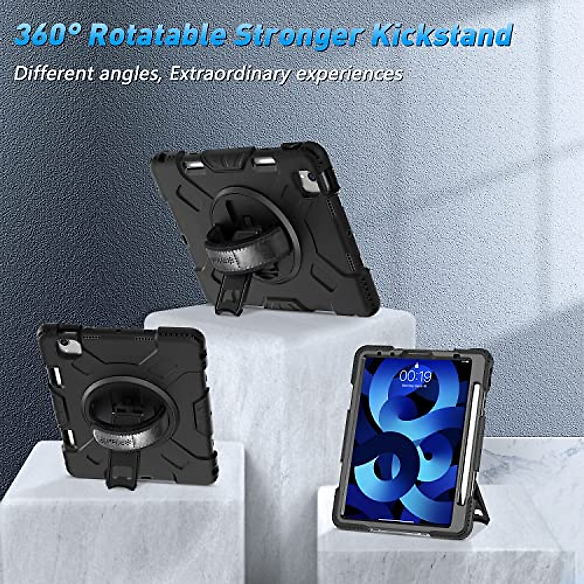 SUPFIVES Case for iPad Air 5th Generation 10.9 Inch 2022: Military Grade Silicone Protective Cover for iPad Air 4th Gen/iPad Pro 11 with Pencil Holder+ Rotating Stand+ Handle+ Shoulder Strap(Black)