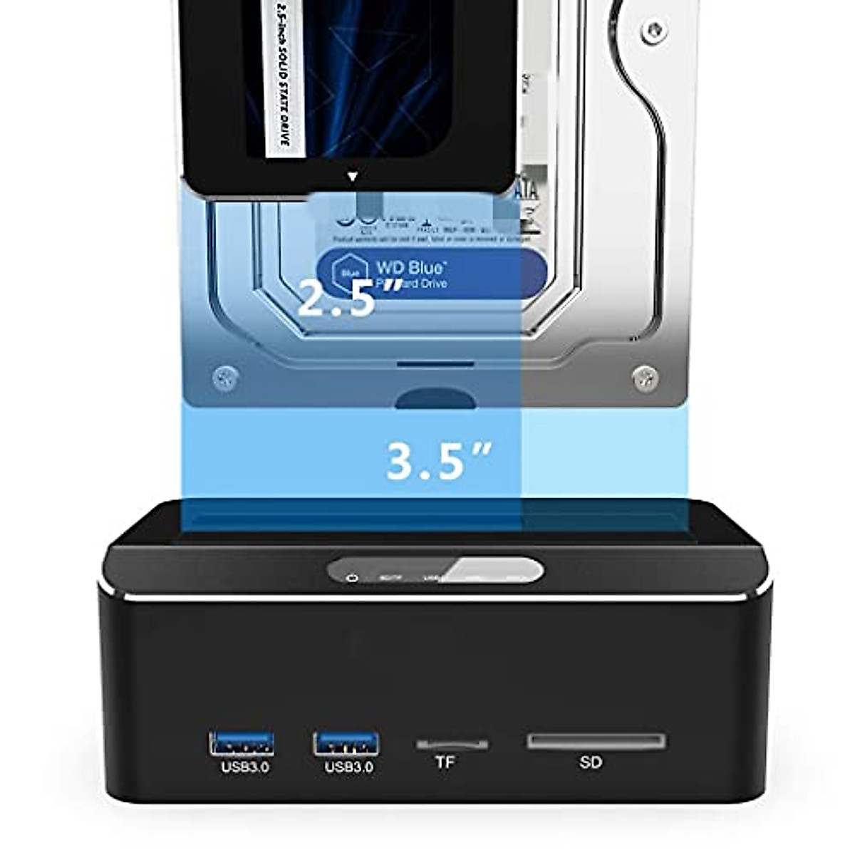 Thick External 2.5"/3.5" USB 3.0 5Gbps SATA Hard Drive Docking Station HDD SSD Box 2 x USB 3.0 Hub TF/SD Card Reader Support UASP