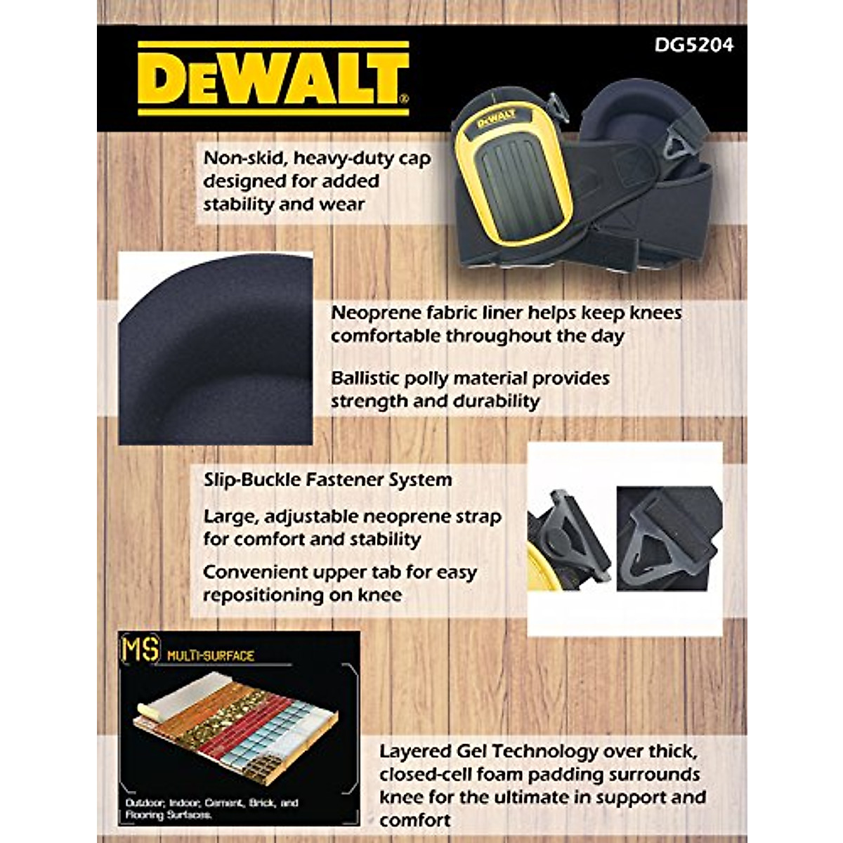 Custom Leathercraft DEWALT DG5204 Professional Kneepads with Layered Gel and Neoprene Fabric Liner, Large