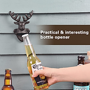 Sungmor Wall Mounted Bottle Opener, Cast Iron Cool Deer Head Bottle Opener, Beer Coke Beverage Bottle Cap Opener, Vintage Rustic Style Wall Hanging Opener, Bar Farmhouse Wall Ornament, Practical Gift