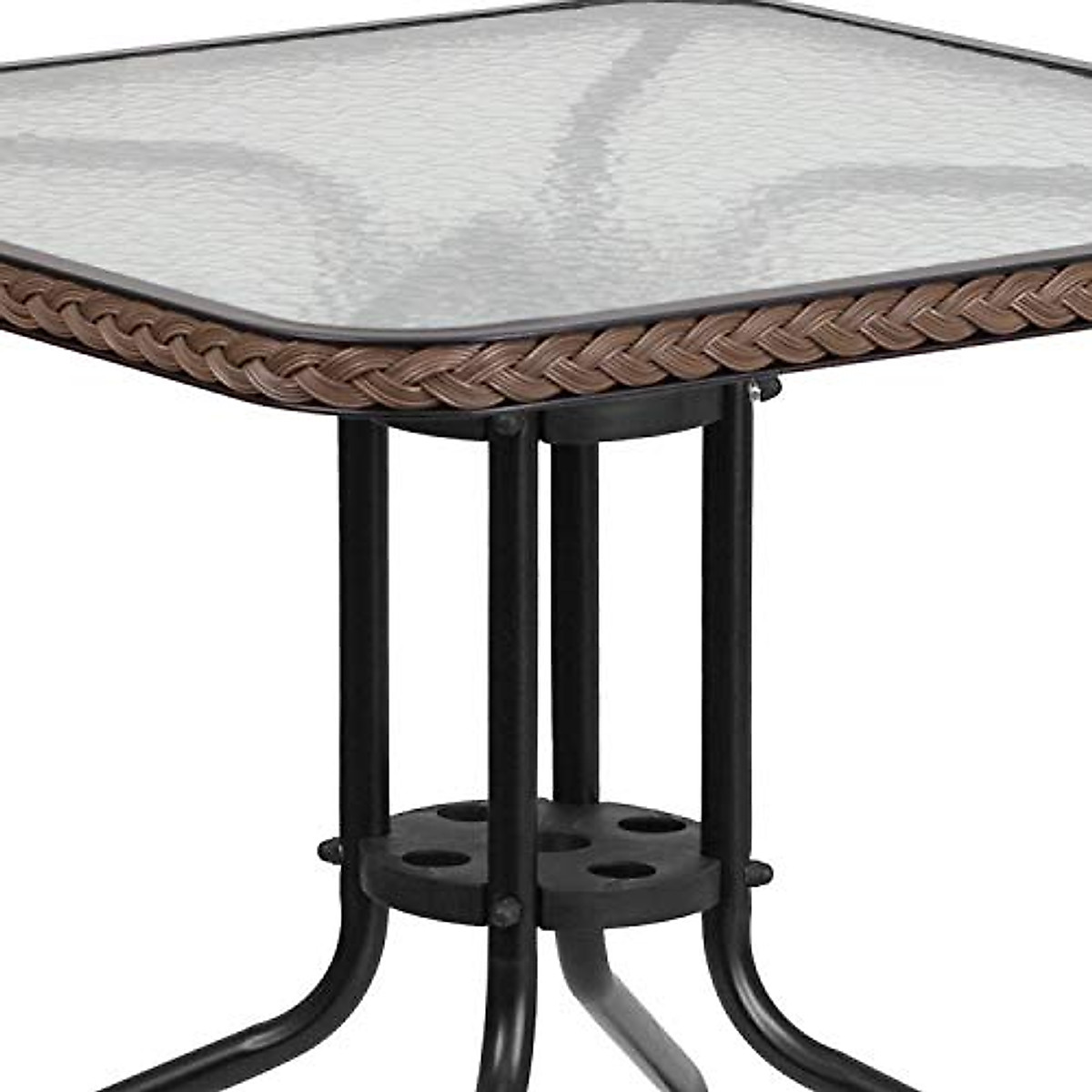 Flash Furniture Lila 28'' Square Glass Metal Table with Dark Brown Rattan Edging and 2 Dark Brown Rattan Stack Chairs