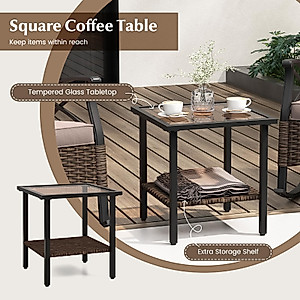 Tangkula 3 Pieces Outdoor Rocking Chairs Set, Rattan Heavy Duty Cushioned Rocker Chairs with 2-Tier Tempered Glass Coffee Table, for Garden, Balcony, Backyard