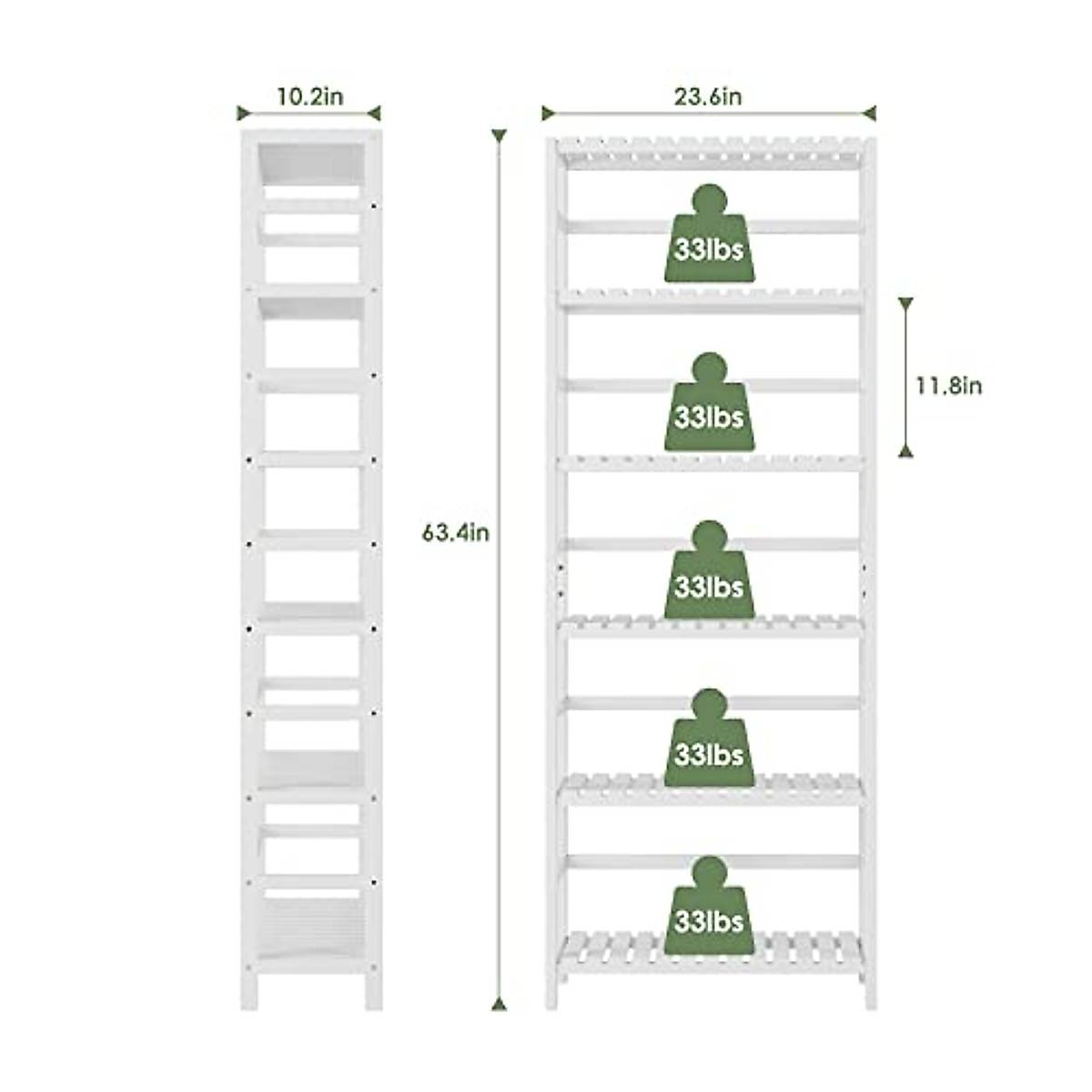 Bamjoy Bookshelf, 6 Tier Bamboo Shelf Adjustable Storage Shelves, Freestanding Tall Shelving Unit Plant Stand for Bathroom Home Office Kitchen Living Room, 23.6W x 10.2D x 63.4H White