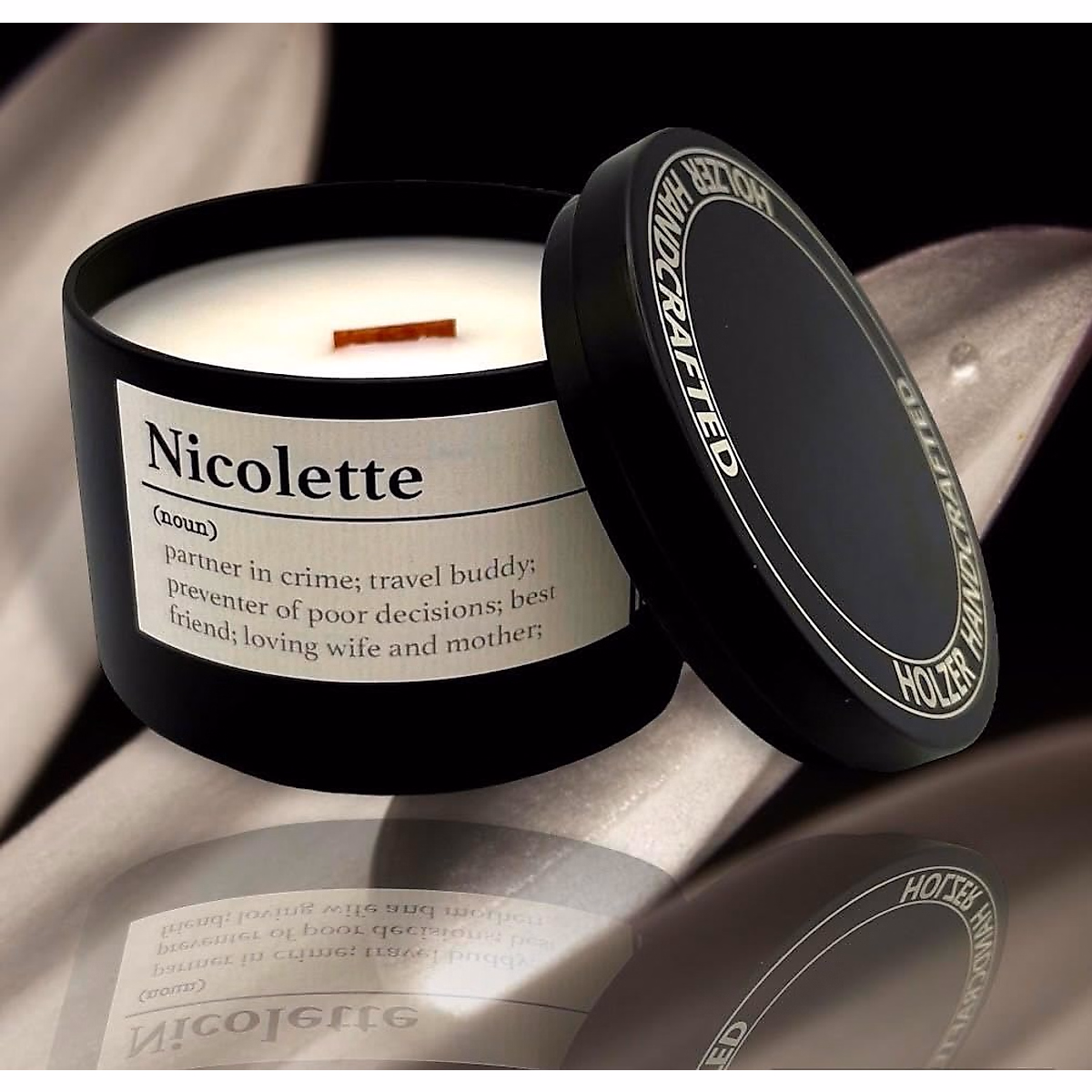 Holzer Custom Candles, Personalized Gifts, Wood Wick Scented/Unscented Custom Candle | Coconut Soy Wax | Handmade in CT USA by Holzer Handcrafted | 6oz in Black Tin Customized Label