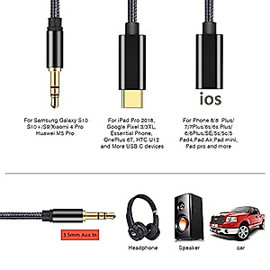 3 in 1 Car Aux Cable, 3 in 1 USB C to 3.5mm Audio Cord Car Stereo Aux Cable Compatible with Google Pixel 7/7Pro/6/6Pro/5/4/3, Samsung Galaxy S23/S22/S21FE/S9/S8, OnePlus, iPhone 14/13/12/XR/8 Plus/11