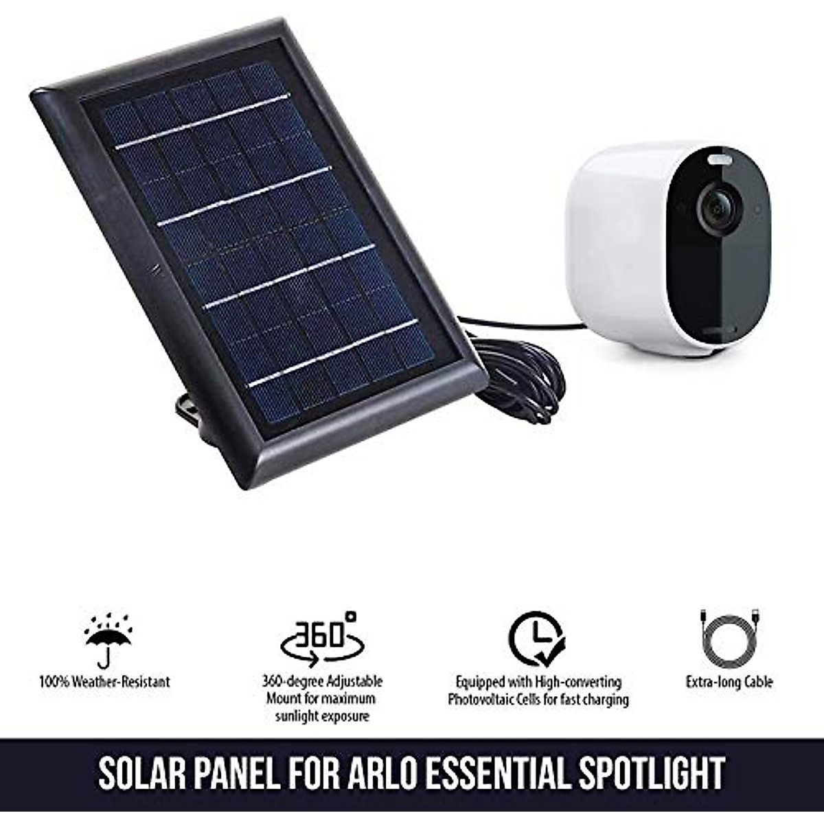 [Updated Version] Wasserstein Solar Panel with 13.1ft/4m Cable Compatible with Arlo Essential Spotlight/XL Spotlight Camera (Black, 1-Pack) (NOT Compatible with Arlo Ultra, Pro 1/2/3, HD, Floodlight)