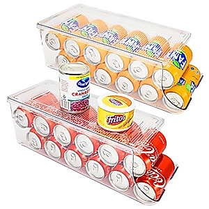 SCAVATA 2 Pack Soda Can Organizer for Refrigerator, Stackable Canned Food Pop Cans Container Can Holder Dispenser with Lid for Fridge Pantry Rack Freezer, Clear Plastic Storage Bins-Holds 12 Cans Each