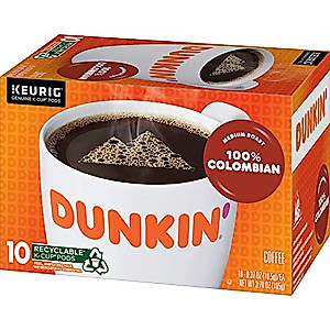Dunkin' 100% Colombian Medium Roast Coffee, 10 Keurig K-Cup Pods
