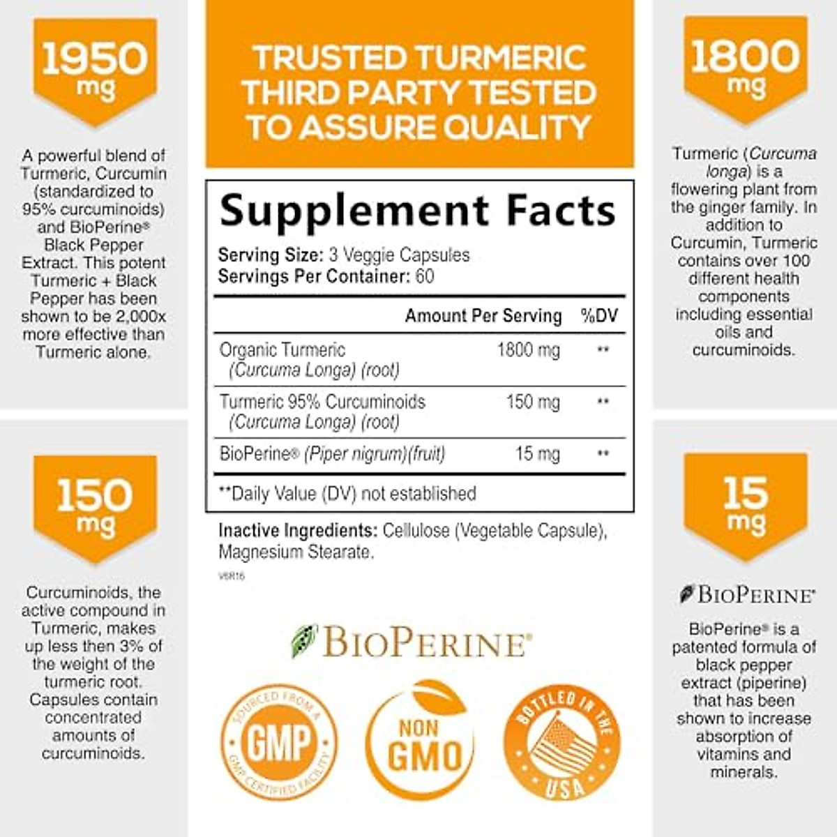 Turmeric Curcumin with BioPerine 95% Standardized Curcuminoids 1950mg - Black Pepper Extract for Max Absorption, Nature's Joint Support Supplement, Herbal Turmeric Pills, Vegan Non-GMO - 180 Capsules