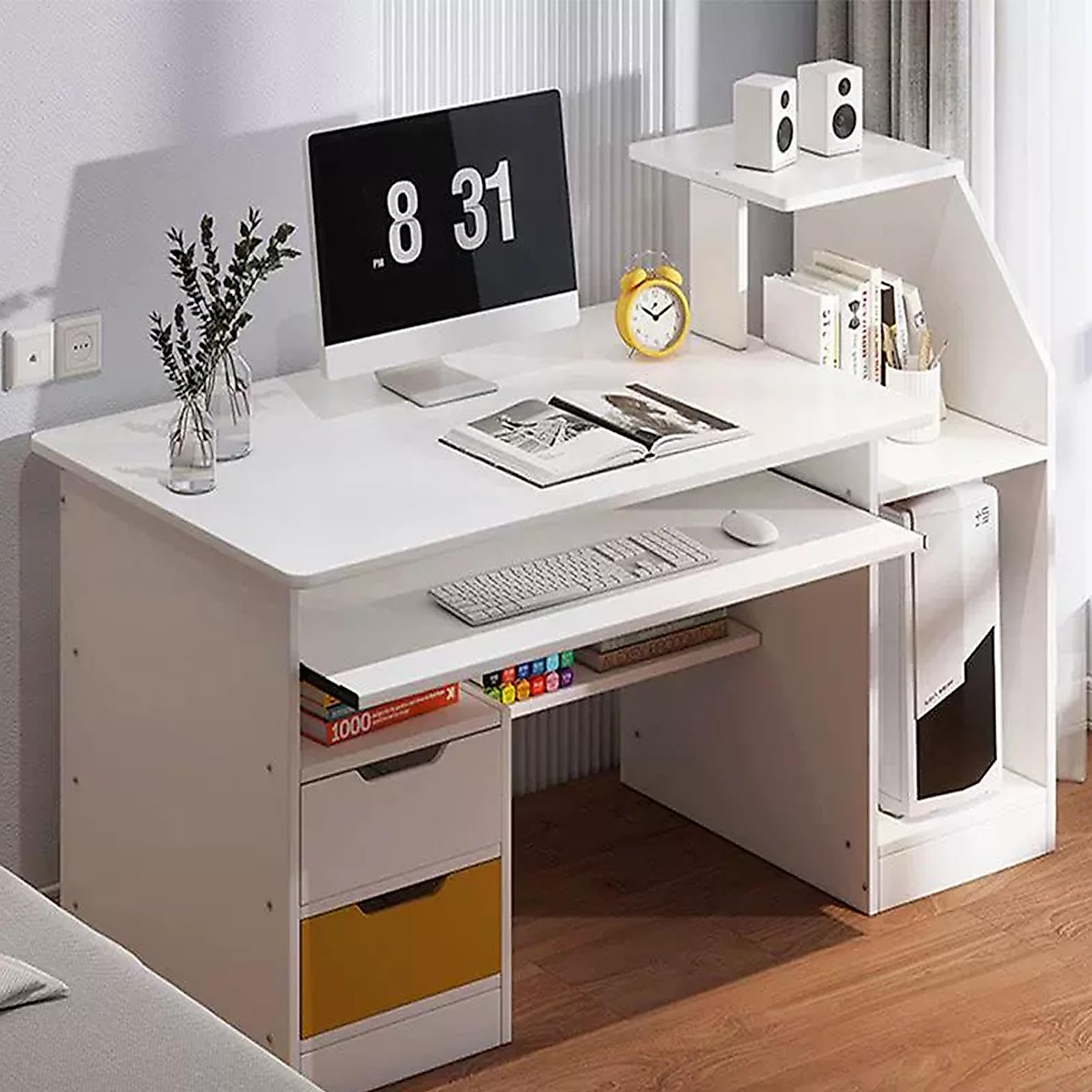 Honrane Computer Desk with 2 Drawers and 3 Hutch Shelves, 47" Gaming Desk with Wide Desktop and Keyboard Drawer, Wood Home Office desks,Modern Writing Desk White