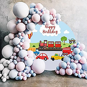 AWERT Polyester Diameter 7.5ft Round Boy Transportation Theme Backdrop for Happy Birthday Party Cartoon Train Truck Car Photography Background Kids Bday Party Decoration Banner