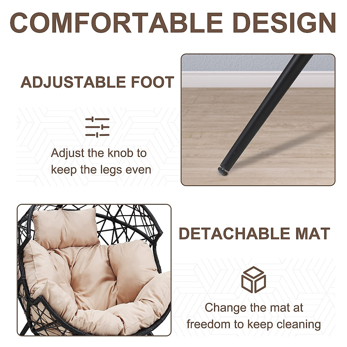 GOOGIC Patio Wicker Egg Chair,Outdoor Egg Chair with Cushion,Oversized Indoor Outdoor Egg Basket Lounge Chair for Patio, Backyard,Living Room,Garden,Steel Frame - Beige