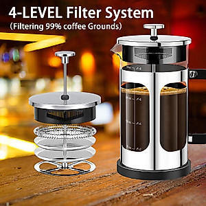 YMMIND French Press Coffee Maker (34oz 1Quart 5-6Cup) Coffee Press, with 4 Filters System, Heat Resistant Thickness Borosilicate Glass, Cold Brew Coffee Tea Pot Gifts (Silvery)