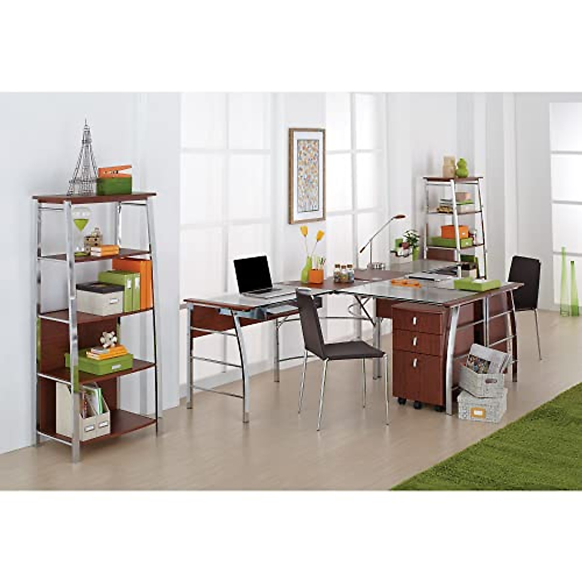Realspace® Mezza 62"W L-Shaped Desk, Cherry/Chrome