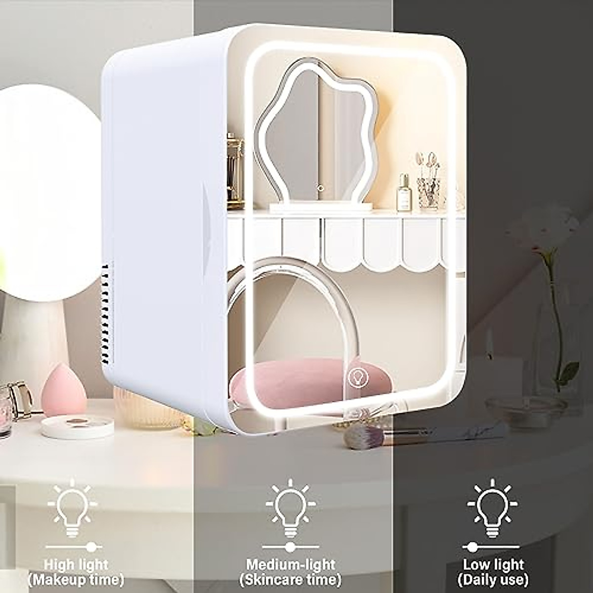 FDLQEOR Mini Fridge White with Dimmable LED Mirror(6Liter/8Can),AC/DC Powered,Cooler or Warmer, for Makeup, Skincare,Drinks and Food, Portable Mini Refrigerator for Bedroom, Office, Car