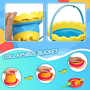 LNCOJOLM Collapsible Bucket Beach Bucket with Rake Spade Sifter Sandbox Toys, Foldable Sand Pail Shovel Castle Mold Garden Tool Kits for Digging Camping Fishing