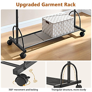 Gewudraw Double Rod Clothes Rack with Wheels Clothing Racks for Hanging Clothes, Rolling Garment Rack with Shelf Sturdy Closet Rack, Clothes Hanger Rack with hook for Pants, Dresses, Easy to Assemble