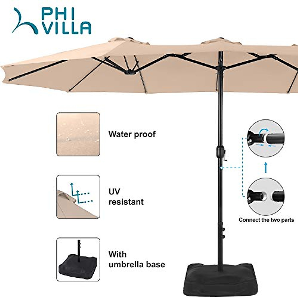 PHI VILLA 15ft Patio Umbrellas, Outdoor Market Extra Large Umbrella wirh Base, Rectangle Long Double-Sided Umbrella for Yard Lawn Garden(Beige)