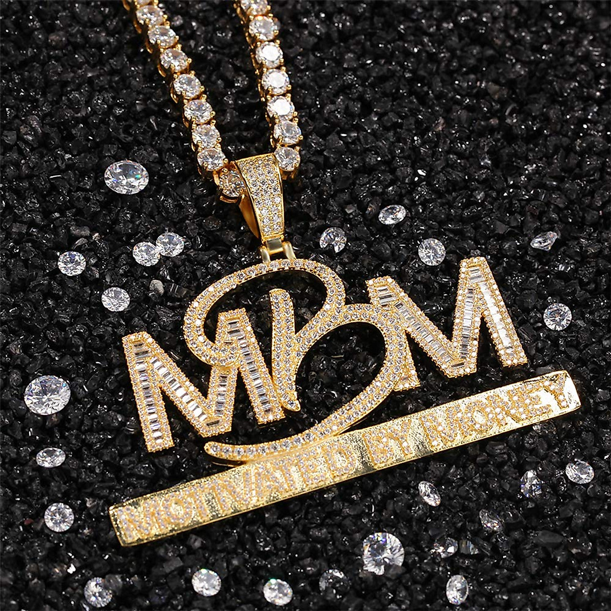 ICEDIAMOND 14K Big Diamond MBM-Motivated By Money Encourage Necklace, Iced Out Shiny Rhinestone Letter Pendant with Tennis Chain, Hip Hop Jewelry for Men Women (Gold,20''Tennis)