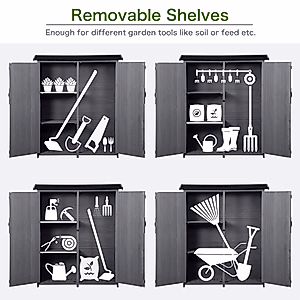 5.3ftHx4.6ftL Outdoor Wood Storage Shed Garden Storage Cabinet Waterproof Asphalt Roof Double Lockable Doors 3-Tier Shelves Gray