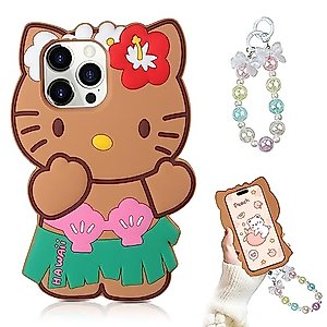 WOLLONY Cat Case 3D Cartoon for iPhone 14 Pro Max Phone Case with Bracelet Chain, Kids Girls Women Cool Fun Cute Kawaii Animal Cases Soft Silicone Funny Character Unique Protective Cover, Brown/Pink
