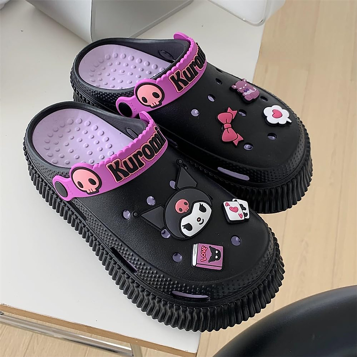 Kawaii Shoes Kuromi Slippers for Women Cute Garden Clogs Cartoon Indoor Slipper Outdoor Cloud Slides Girls Sandals (Black,6,6.5)