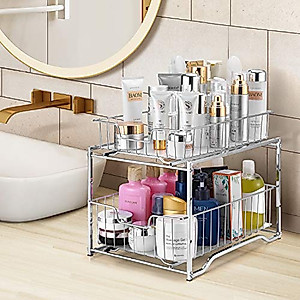Simple Trending Stackable 2-Tier Vertical Bathroom Storage Under Sink Cabinet Organizer, Toilet Vanity Organizer Drawers, Chrome