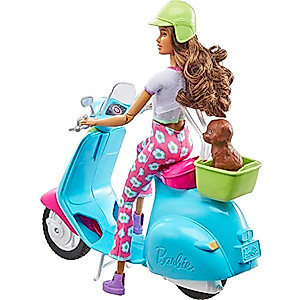 Barbie Fashionistas Doll and Scooter, Travel Playset with Stickers, Pet Puppy and Themed Accessories like Map and Camera (Amazon Exclusive)
