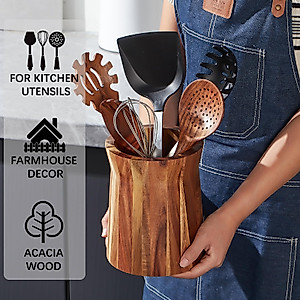 LOHONER Wooden Utensil Holder for Countertop, 360° Rotating Kitchen Utensil Holder, 7.2"x 6" Large Acacia Cooking Utensil Holder for Kitchen Counter, Farmhouse Kitchen Decor