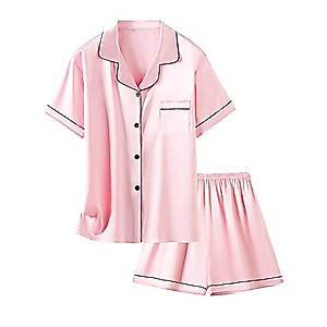 Silk Pajamas for Women, 2 Pcs Comfy Sleepwear Short Sleeve Button Down Sexy Satin Summer Soft Pjs Set, Pink, Medium