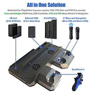 PS4 Stand Vertical Display Stand Charger for PlayStation PS VR Headset, PS4, Pro, Slim Console, DualShock 4 & Move Motion Controller