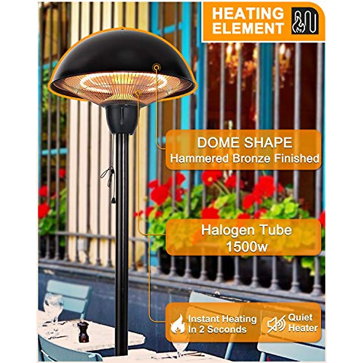 Star Patio Outdoor Heater, Outdoor Heater, 1500W Infrared Heater with Dome Shape and Hammered Bronze Finish, Adjustable Height Outdoor Heater, STP1566-B-S-N1