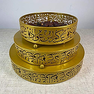 ABOOFAN 3Pcs Ramadan Eid Plate Iron Serving Tray Eid Ramadan Platter Round Candy Dish Snacks Dessert Holder Ramadan Mubarak Eid Party Supplies