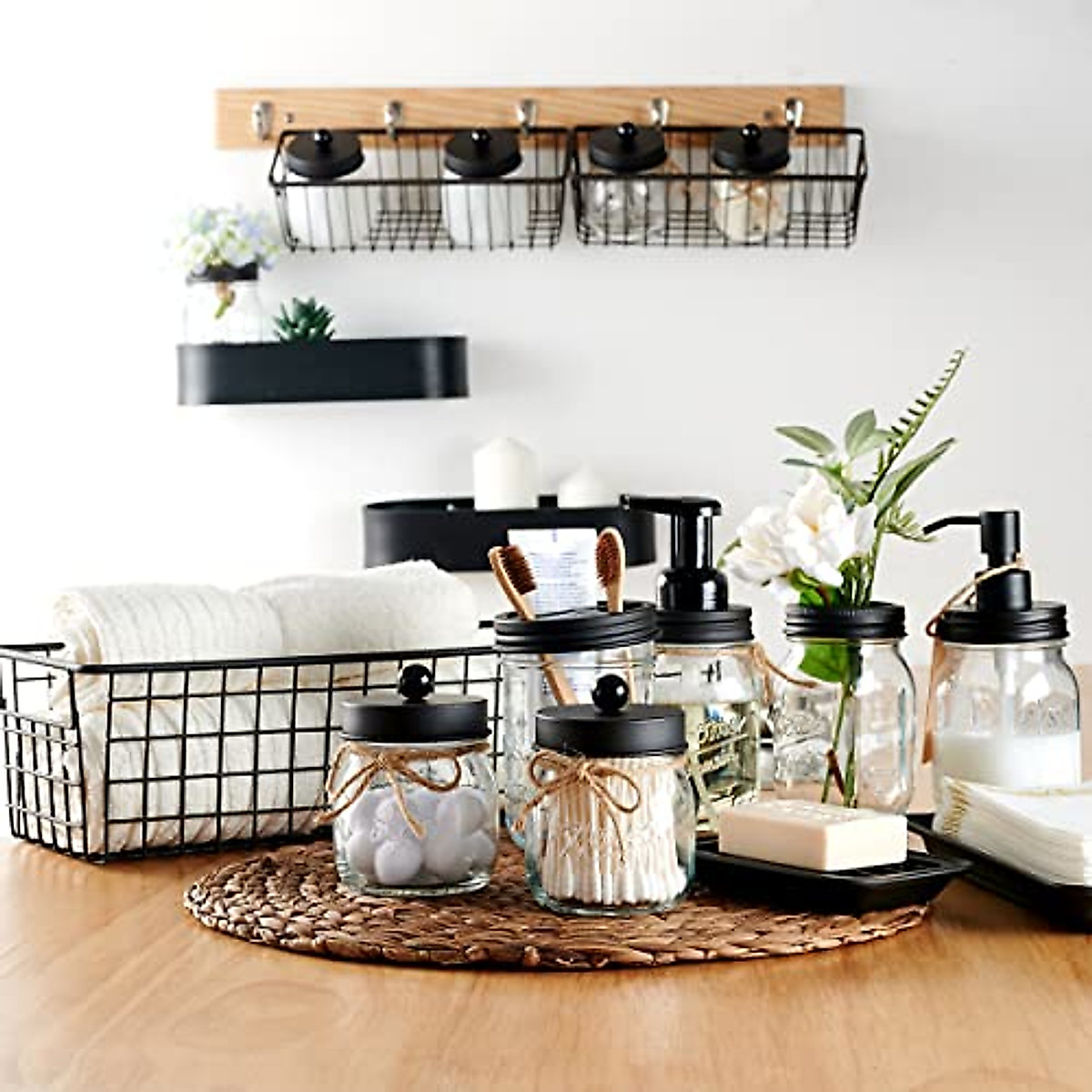 Mason Jar Bathroom Accessories Set(6PCS) - Foaming Soap Dispenser,Toothbrush Holder,Qtip Holder,Apothecary Jars, Soap Dish,Metal Wire Storage Organizer - Rustic Farmhouse Decor (Black)