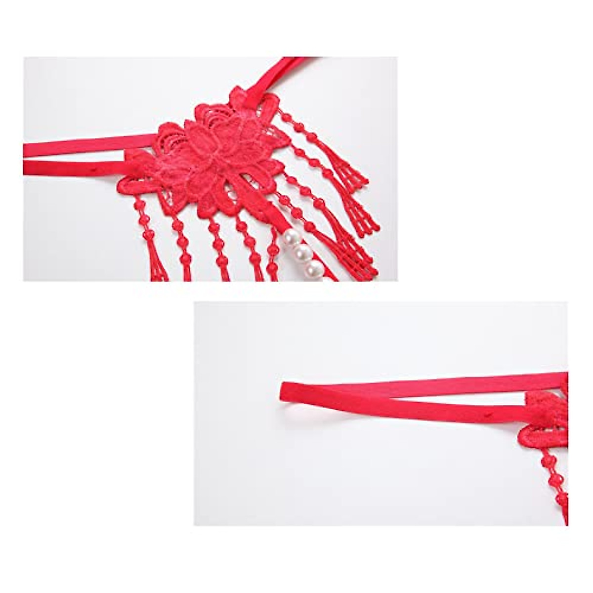 Sekexi Womens Sexy Pearl Tassel G-String Lace Thongs Panties Underwear Low Rise T-Back Underpants (one size, red)