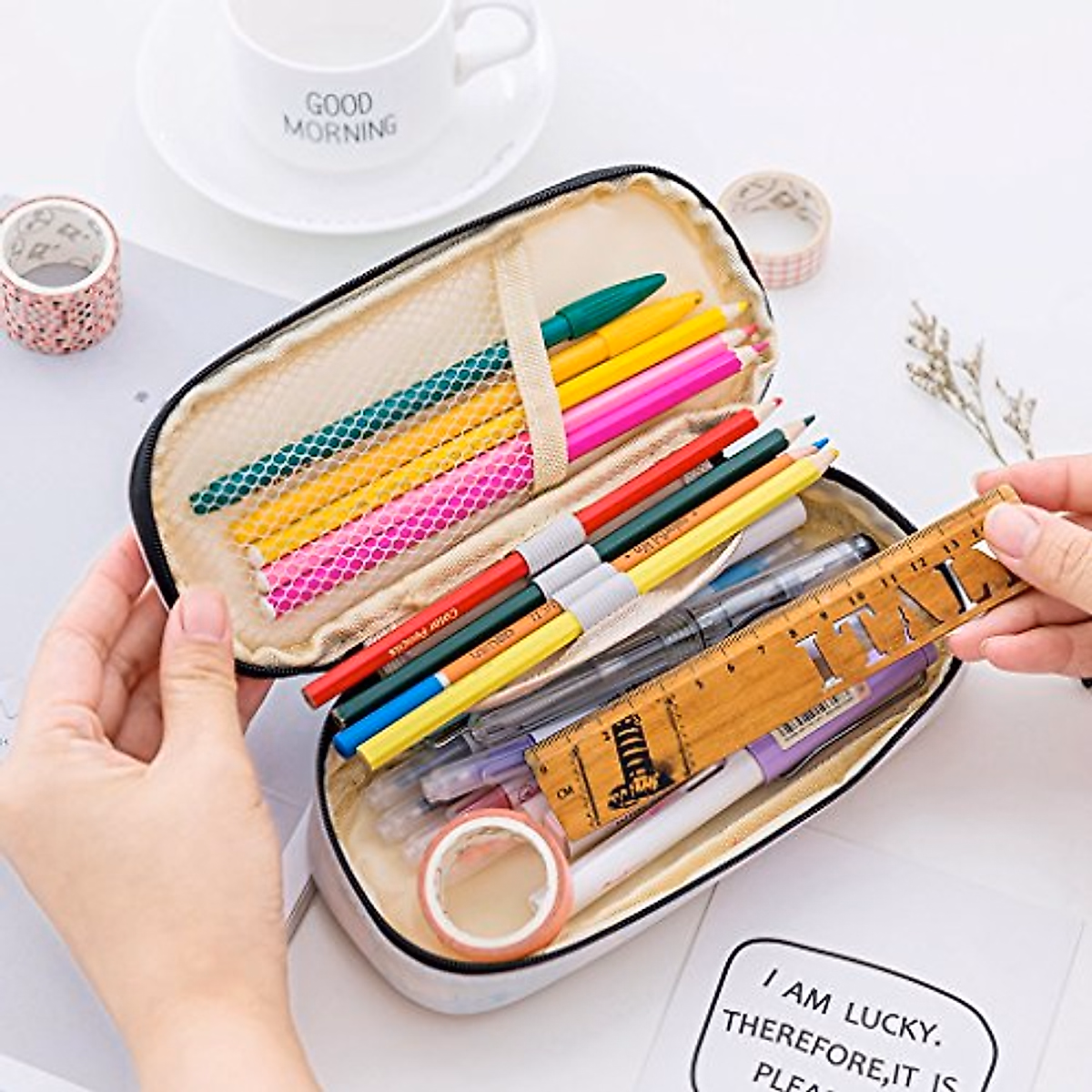 Rhfemd Marble Pattern Faux Leather Large Capacity School Pencil Case Cosmetic Pouch Bag