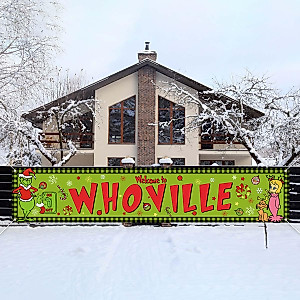 Large Welcome To Whoville Banner for Fence Whoville Christmas Xmas Winter Holiday Decorations Outdoor Outside Fence for Home