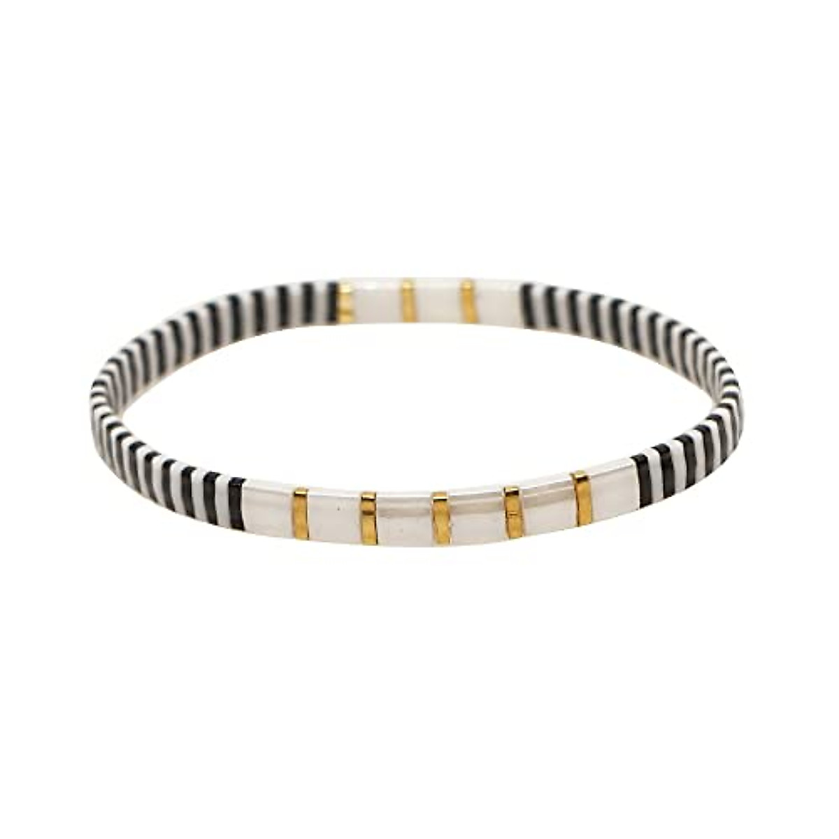 Sonateomber Zebra Black White Gold Tila Flat Beads Stretch Strand Bracelet for Women Girls - Trendy Unique Friendship Handmade Mixed Colorful Square Beaded Miyuk Beach Link Bracelets Stack Jewelry Gifts