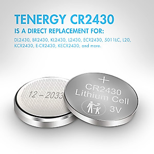 Tenergy CR2430 Battery, 3V Lithium Coin Battery for Car Key Fob, Car Remote, Calculators, Thermometers and More, 5 Count (Pack of 1)
