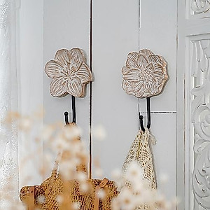 SOFFEE DESIGN Set of 2 Single Hooks 3D Flower Wood Carving Retro Style for Room Wall Decoration, Coat Hat Scarf Hanging Hanger Entry Heavy Hooks Home Decor