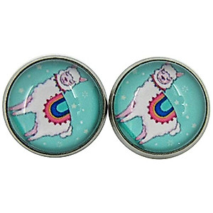 Stainless Steel Llama Print Glass Stud Earrings 12mm (Teal)