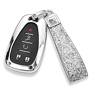 Royalfox 3 4 5 6 Buttons 3D Bling Diamond Rhinestones Smart Remote Key Fob Case Cover for 2016 2017 2018 2019 2020 2021 2022 Chevrolet Malibu Camaro Cruze Traverse Spark Sonic with Key Strap (Silver)