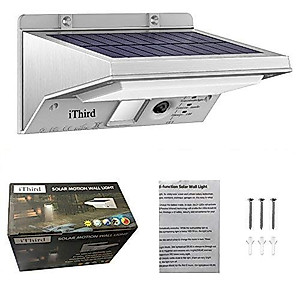 iThird Solar Lights Outdoor Motion Sensor, LED Solar Powered Outdoor Lights Stainless Steel Solar Security Lights for Yard Patio Garage Porch Waterproof 3 Modes Flood Light Super Bright(Daylight)