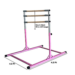 Kids Expandable Kip Bar with Tumble Mat Professional Horizontal Gymnastics Asymmetric Bar 4x6 FT Mat Jungle Gym Height Adjustable 3 to 5 FT Pink