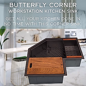 Strictly Sinks 30 Inch Corner Kitchen Sink Undermount– 16 Gauge Stainless Steel Butterfly Sink Undermount, Scratch & Stain Resistant Corner Single Bowl Workstation Sink with Accessories (Black)