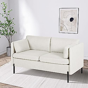 LINLUX 55''W Upholstered Modern Loveseat Sofa Couch for Living Room, Fabric Small Love Seat w/ 2 Pillows and Iron Legs, 2 Seat Small Couches for Small Spaces, Bedroom, Apartment, Office, Light Beige