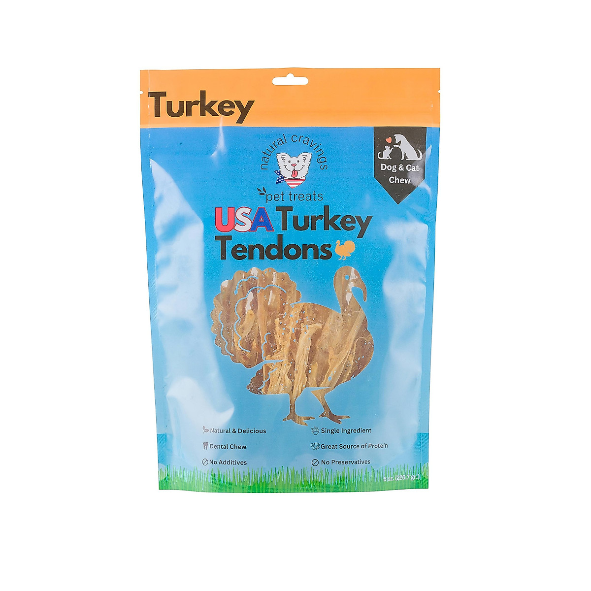 Natural Cravings: USA Turkey Tendons - 8 oz - Dog & Cat Chew, All Sized Pets, Light Chewers, Slow Roasted Single Ingredient Treat, Preservative Free