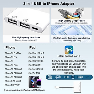 AMLLEN iPad to USB Adapter, USB for iPad, iPhone to USB Adapter Compatible iPhone/iPad,Plug N Play,Compatible with USB Flash Drive.Support iOS 16.
