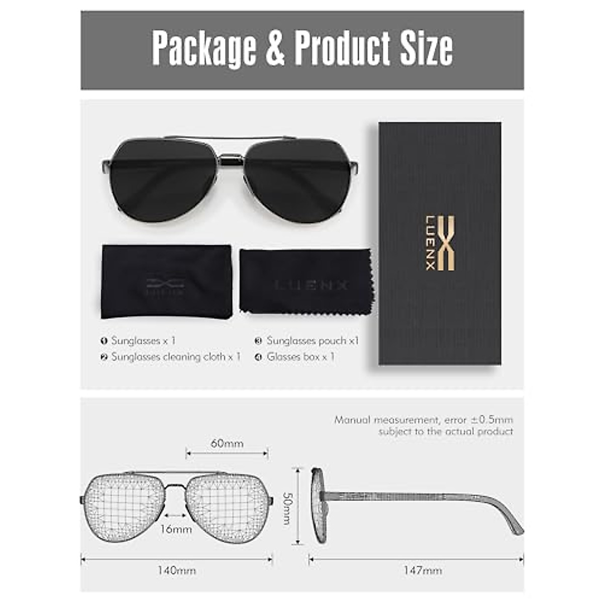 LUENX Men Women Aviator Sunglasses Polarized Shades Flexible Spring Hinge - Black Lens Gunmetal Metal Frame 60mm